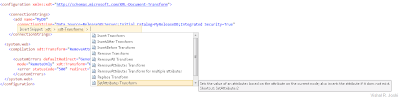 Vishal Joshi's Tangent: Xml Document Transform (XDT) Snippets for VS 2010